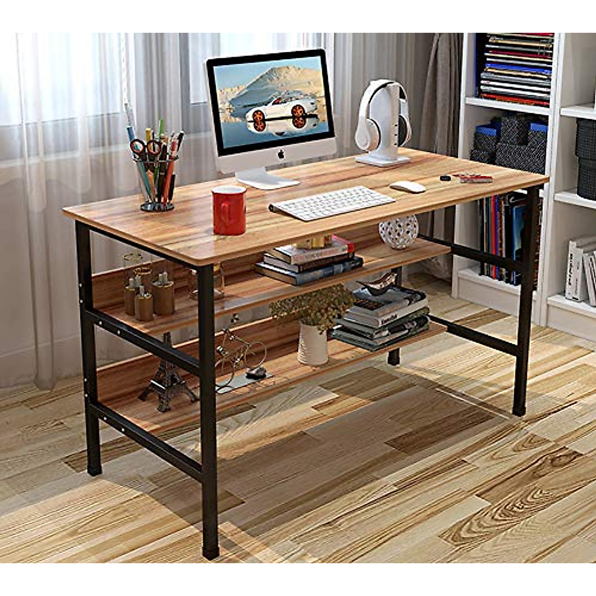 TOPYL 39inch Computer Desk with Bookshelf,Modern Sturdy Writing Desk - Family Workstation with 2 Tier Shelves,Simple Style Desk for Home Office