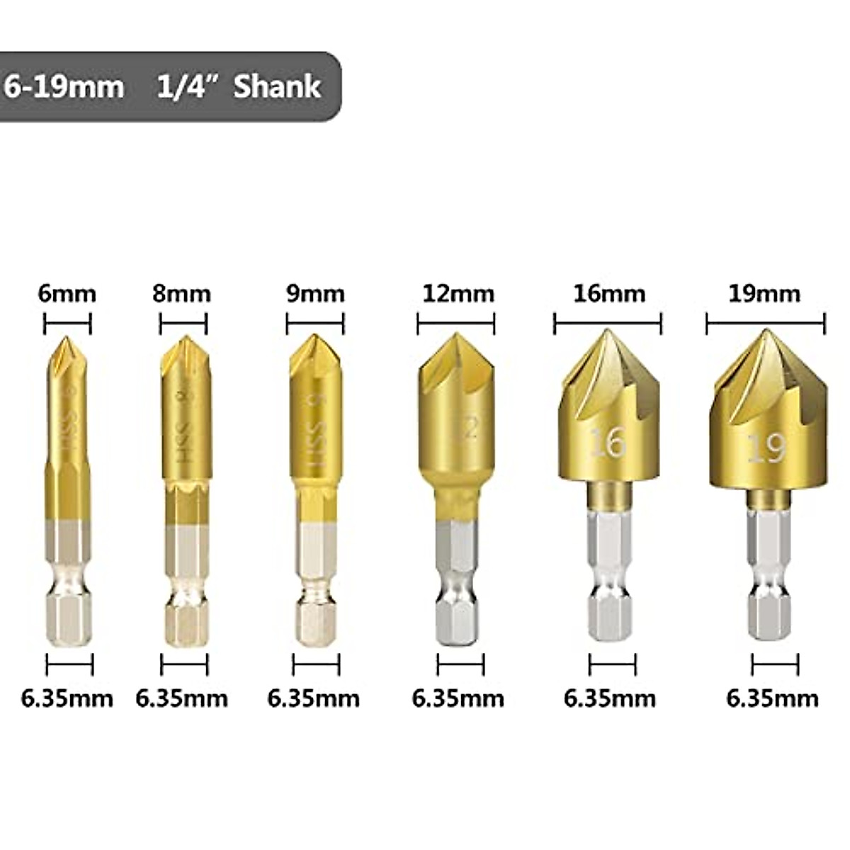 Hex Shank Countersink Drill Bit 6-19mm Set Coated 5 Flute Hole Drill 90 Degrees Wood Chamfering 6Pcs (Color : 6pcs 6-19mm)