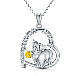 PROESS Highland Cow Necklace for Women 925 Sterling Silver Sunflower Cow Pendant Necklace Cow Jewelry Animal Lover Gifts