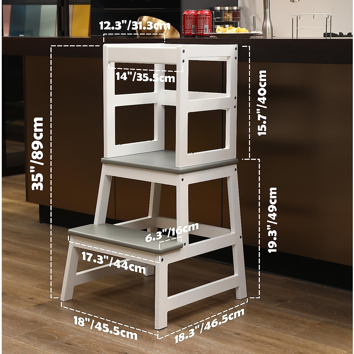 Saihony Standing Tower for Toddler, Kids Kitchen Step Stool Toddler Standing Tower Helper for Kitchen Counter and Bathroom Sink, Wooden Kids Montessori Learning Standing Stool with Safety Rail White