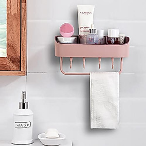 KUAW ,Shower Caddy, Self Adhesive Wall Mounted Shower Rack, Kitchen Hanging Tray Storage Rack, Shampoo Storage Basket Soap Rack With 4 Hooks And 1 Towel Rack, For Bathroom, Kitchen, No Drilling, Pink