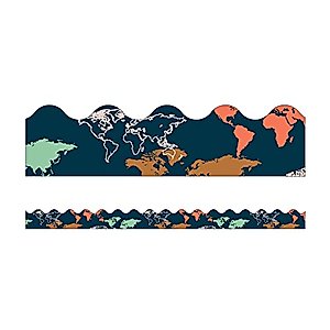 Carson Dellosa Let's Explore World Map Bulletin Board Borders, 39 Feet of Scalloped Travel Map Classroom Borders for Bulletin Board, White Board, Cork Board, Room Decor, Desk Decor and Classroom Decor