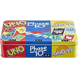 Mattel Games Set of 3 Games with UNO, Phase 10 & ONO 99, Travel Games for Kids & Family Night with Storage Tin Box (Amazon Exclusive)