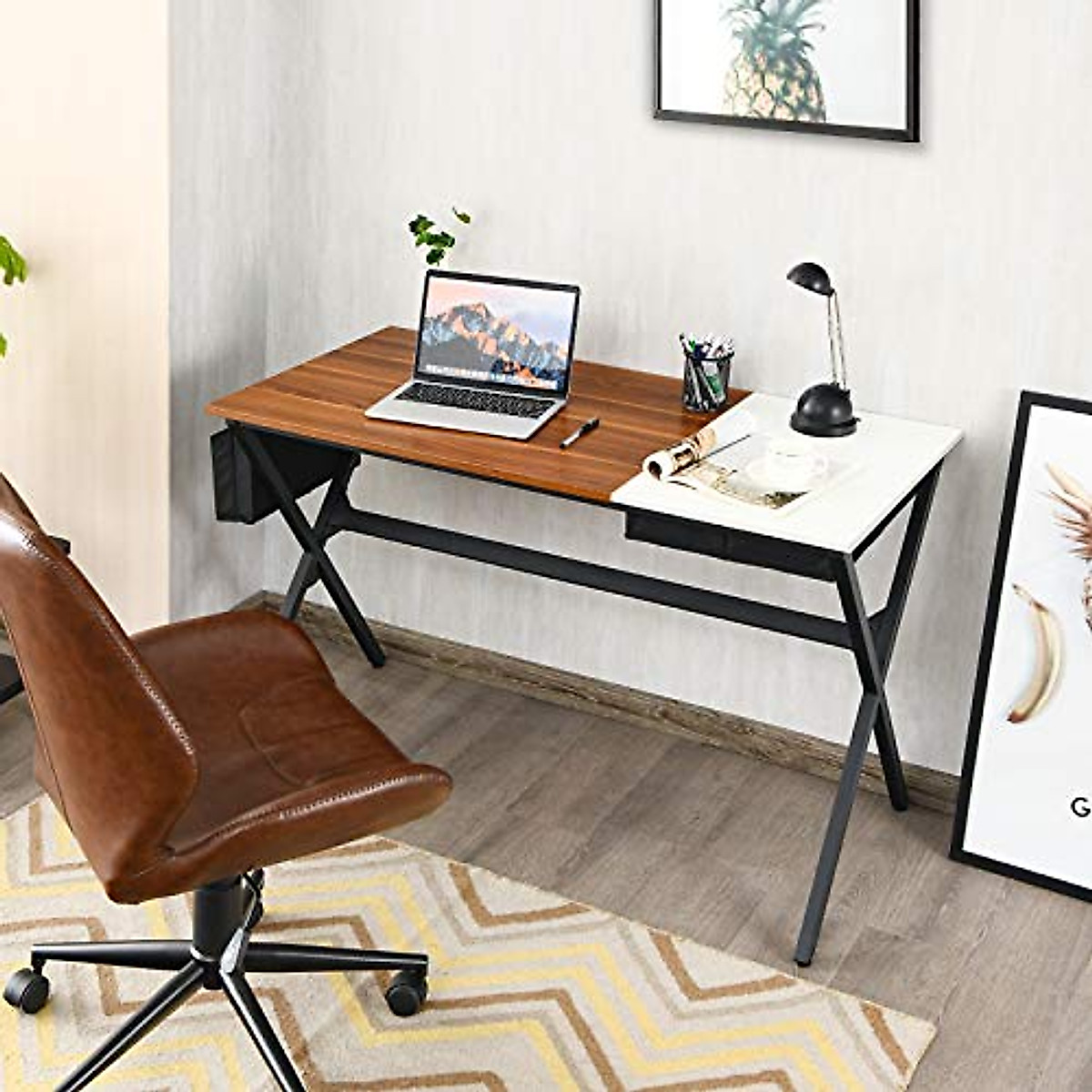 Tangkula 47’’ Computer Desk w/Cube Drawer, Home Office Writing Desk with Side Storage Bag, Modern Stylish PC Study Table Workstation for Bedroom (Walnut & White)