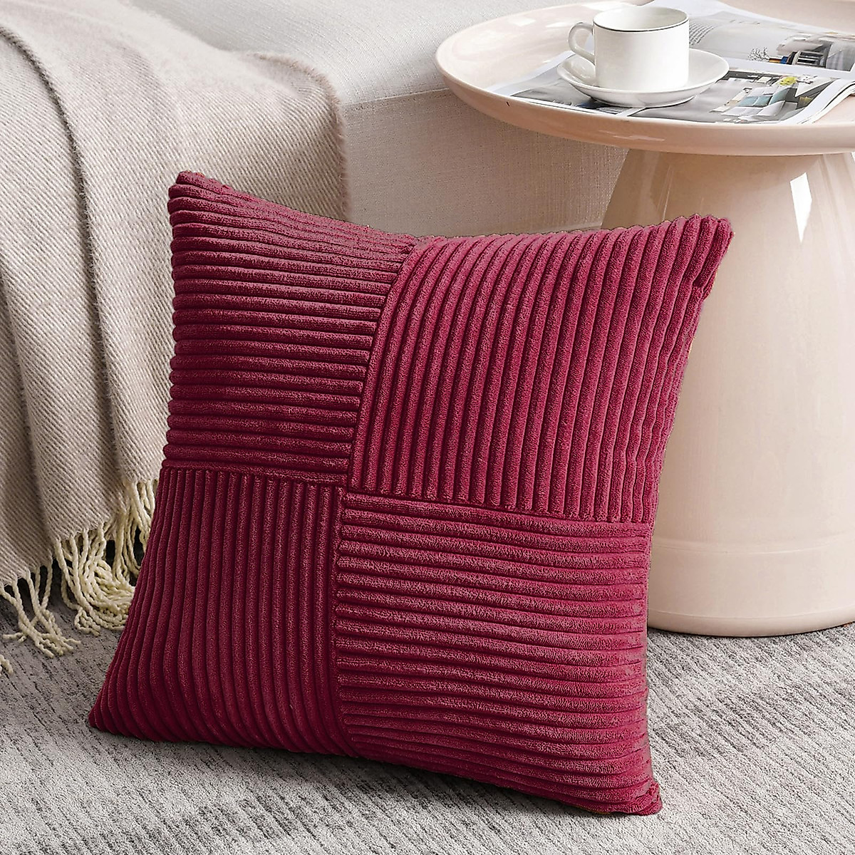 Fancy Homi 2 Packs Burgundy Red Decorative Throw Pillow Covers 20x20 Inch for Living Room Couch Bed Sofa, Farmhouse Boho Home Decor, Soft Corss Corduroy Patchwork Accent Cushion Case 50x50 cm