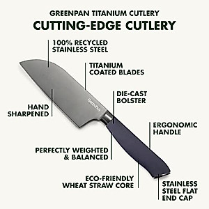GreenPan Titanium 5" Santoku Knife, Titanium Coated, Stainless Steel, Eco-friendly, Ergonomic Grip, Slip Resistant, Balanced, Heat Treated, Hand Sharpened, Dishwasher Safe