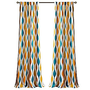 Lush Decor Mid Century Geo Room Darkening Window Curtain Panel Pair, 95" Long x 52" Wide, Turquoise & Orange