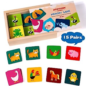 Atoylink Matching Memory Game for Kids 3 and Up - 30pcs Cute Animal Wooden Memory Card Matching Games Camp Concentration Memory Games for Toddler Boys and Girls
