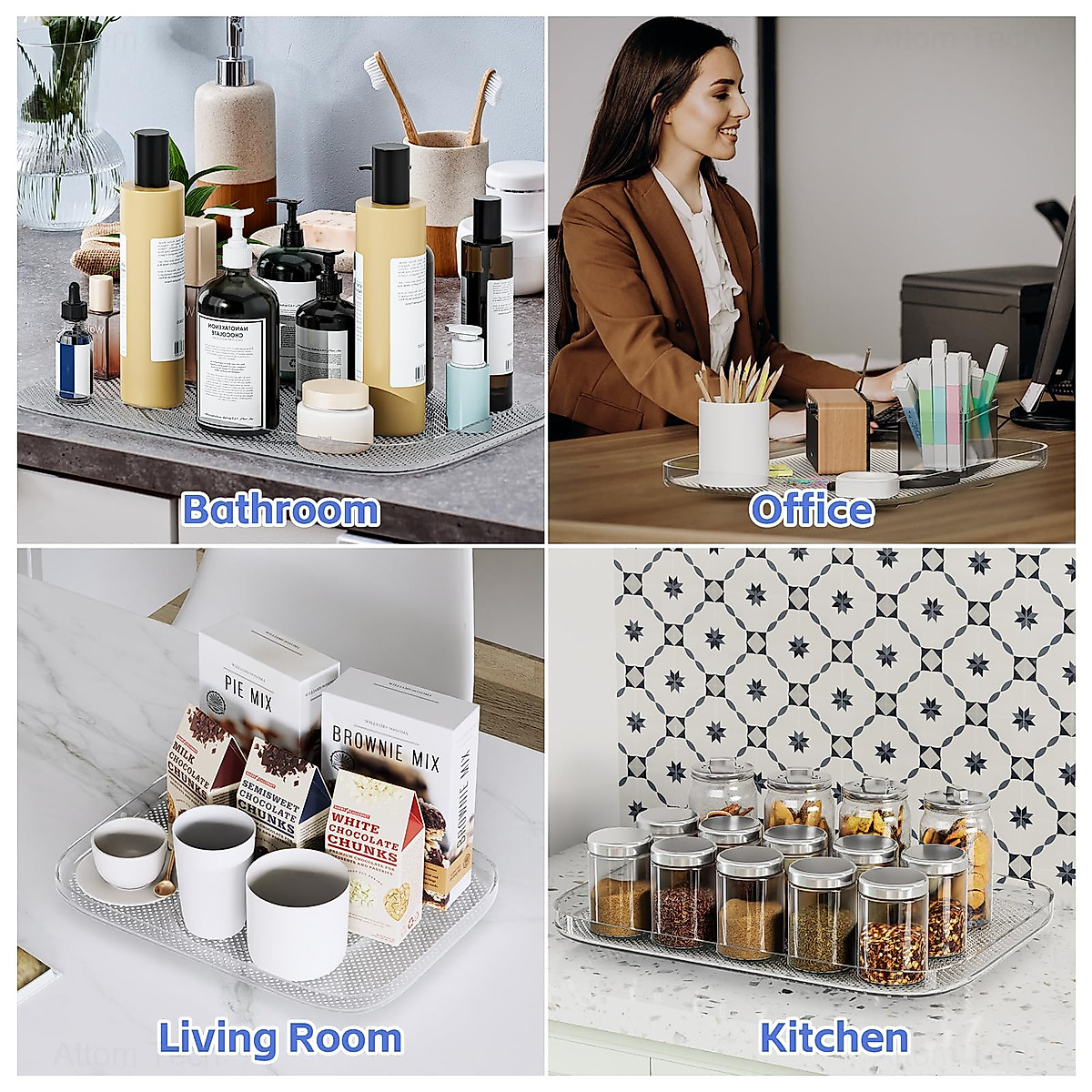 NiHome Rectangular Lazy Susan Organizer for Refrigerator, 360 Rotation Turntable, Premium PC Tray, Easy Installation, Multifunctional Organizer for Spices, Makeup & More (Large)