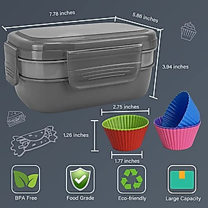 CocoMeiwei Bento Box Adult Lunch Box, Bento Lunch Box with 5 Silicone Cupcake Liners, Leak-proof Bento Lunch Box Containers 3 Tiers 50oz, 6compartments Large Capacity for Working Grey