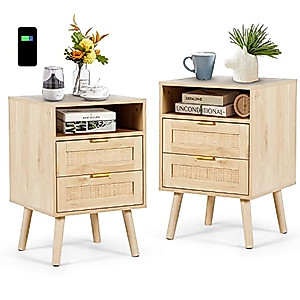 AILEEKISS Rattan Nightstands Set of 2 with Wireless Charging Station Modern Bedside Tables with Solid Wood Feet Night Stands Set of 2 with Drawers and Open Storage Shelf for Bedroom (Natural 2 Sets)