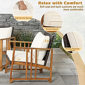 Tangkula 4 Pieces Patio Sofa Set, Outdoor Mix Brown Rattan Conversation Set with Acacia Wood Frame, Cozy Seat & Back Cushions, All-Weather PE Wicker Chair & Table Set for Porch, Poolside (Off White)