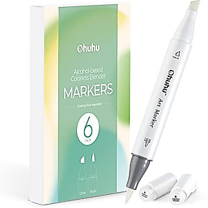 Ohuhu Alcohol Colorless Blenders - Pack of 6 Alcohol Based Ink No.0 Clear Blender Brush of Ohuhu Markers for Adding Highlights Textures - Erasing Mistakes - Works Well with All Alcohol Markers