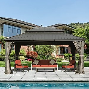 Domi 10' x 14' Hardtop Gazebo Permanent Metal Gazebo with Galvanized Steel Double Roof, Curtains and Netting for Outdoor Dining, Party, Patio, Backyard, Grey
