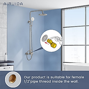 Airuida SUS304 Outdoor Shower Fixture Brushed Nickel Exposed Shower Faucet Combo Set Single Handle 8 Inch Thicken Rainfall Showerhead With Handheld Spray Wall Mount Dual Functions