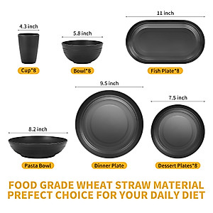 Lazycorner 48-Pcs Kitchen Wheat Straw Dinnerware Set, Service for 8, Plastic Reuasble Dinner Dishes Serving Plate Set for Kitchen, Including Dinner Plate, Dessert Plate, Bowl, Cup(Black)