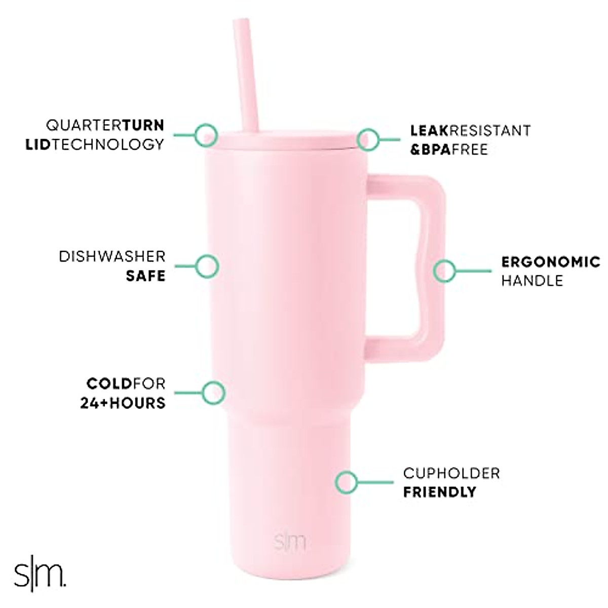 Simple Modern 40 oz Tumbler with Handle and Straw Lid | Insulated Cup Reusable Stainless Steel Water Bottle Travel Mug Cupholder Friendly | Gifts for Women Men Him Her | Trek Collection | Blush