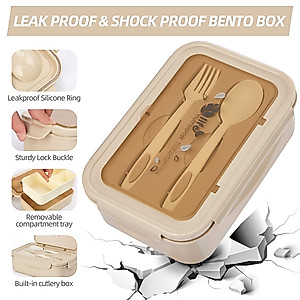 Porzu Bento Lunch Box, 1400 ML Lunch Box Meal Prep For Adults，3 Compartments Portable Food Container with Utensil (Beige)