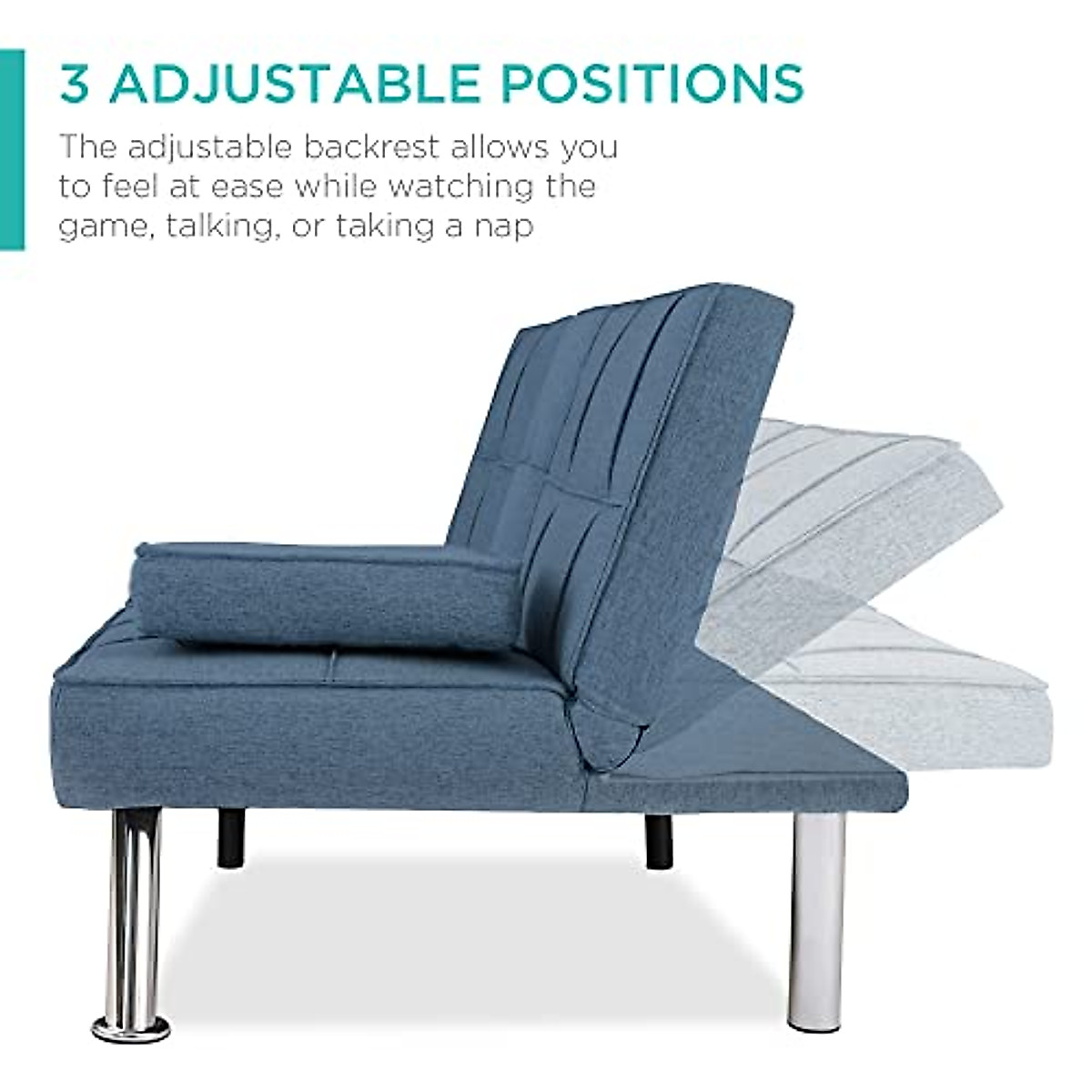 Best Choice Products Linen Upholstered Modern Convertible Folding Futon Sofa Bed for Compact Living Space, Apartment, Dorm, Bonus Room w/Removable Armrests, Metal Legs, 2 Cupholders - Blue