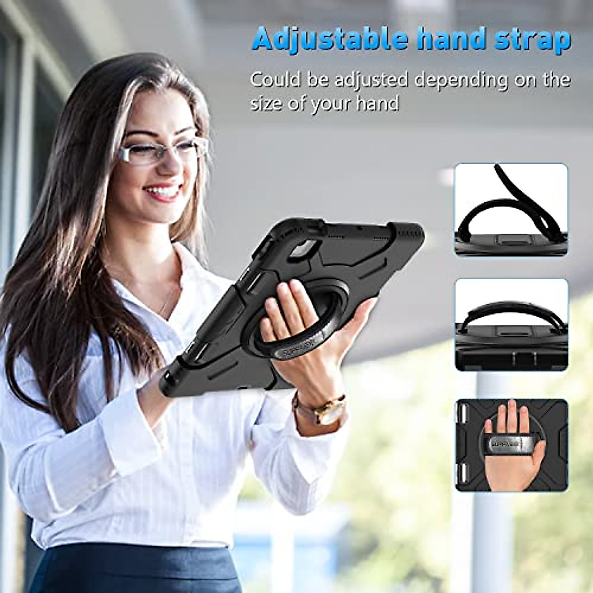 SUPFIVES Case for iPad Air 5th Generation 10.9 Inch 2022: Military Grade Silicone Protective Cover for iPad Air 4th Gen/iPad Pro 11 with Pencil Holder+ Rotating Stand+ Handle+ Shoulder Strap(Black)