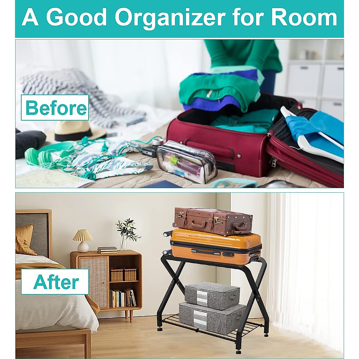 Whoonba Folding Luggage Rack with 2-tiers Storage Shelf, Foldable Steel Frame Luggage Organizers for Suitcase, Metal Luggage Holder for Guest room, Bedroom, Hotel, Closet, Black, 1pack