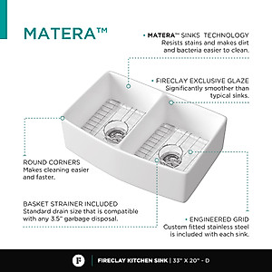 Single Bowl Kitchen Sink - 33 Inch Fireclay Deep Curved Apron Front Kitchen Sink - Premium Double Bowl Sinks for Home, Farmhouse (Grid & Strainer Included) White
