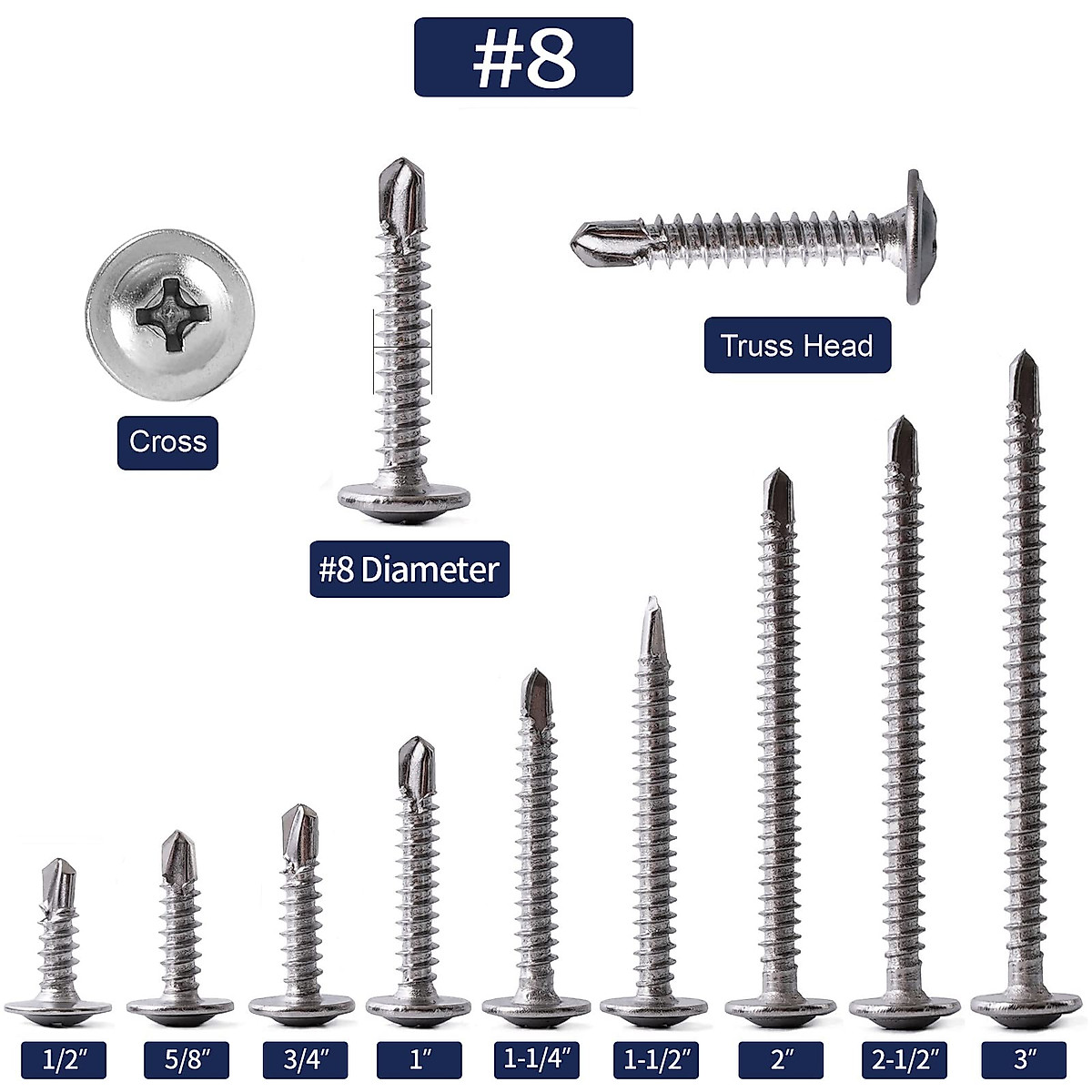 #8 x 3/4" Sheet Metal Screws 100PCS 410 Stainless Steel Truss Head Fast Self Tapping Screws by SG TZH