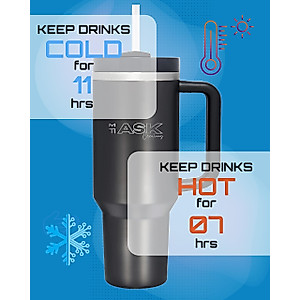 Ask HydroQuench 2.0 40oz /1183 ml Tumbler - Insulated Stainless Steel Travel Mug with reusable Straw, and Silicone Boot. (Black)