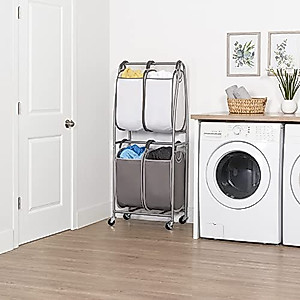 2 Tier Vertical Rolling Laundry Cart by Neatfreak! - Rolling Storage Cart On Wheels With 4 x Tote Hampers For Laundry, Towels, Blankets & Bathroom Organization - Quad Laundry Sorter
