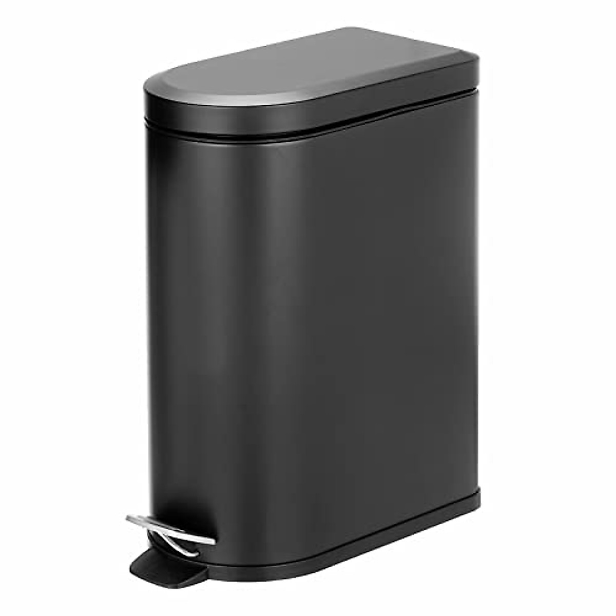 mDesign Small 2.6 Gallon Stainless Steel Metal Step Trash Can Garbage Bin for Bathroom, Bedroom, Home Office - D-Shape Trashcan with Foot Pedal/Lid, Removable Liner Bucket with Handles, Black