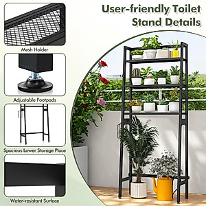 Giantex Over The Toilet Storage Shelf - 3-Tier Freestanding Above Toilet Rack with Adjustable Bottom Bar, Paper Holder, 2 Side Hooks, Metal Bathroom Organizer Shelf, Space Saving Toilet Shelf (Black)