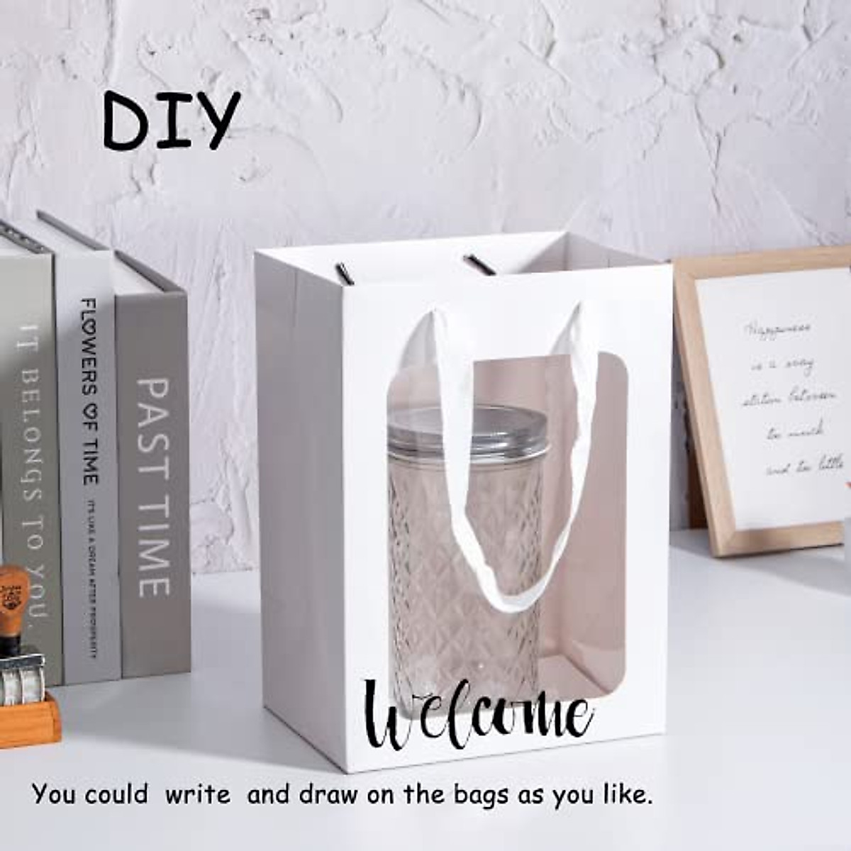 Dasofine 12pcs White Gift Bag with Window, Sturdy Paper Tote with Transparent Window, 7.1"×5.1"×9.8" Paper Gift Bags with Handles, Flower Bouquet Bags