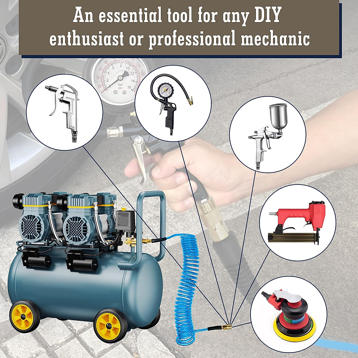 WHISPERING WONDER Polyurethane Recoil Air Hose,1/4 in x 25 ft Air Compressor Hose with Bend Restrictor, Air Hoses with 1/4 Solid Pure Copper Quick Connect Fittings and I/M Plug Kit, Blue