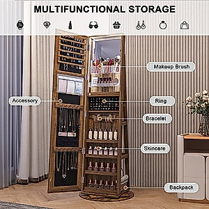 HNEBC LED Light Jewelry Organizer Mirror 360°Rotating, Armoire with Door Mirror, Full Length Cabinet Storage, Large Boxes & Organizers（A Light Brown）