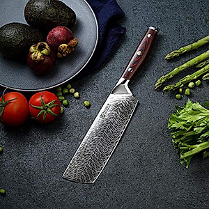 PAUDIN Damascus Nakiri Knife,7 Inch Japanese Damascus 67-layers VG10 High Carbon Stainless steel Knife, Ultra Sharp Vegetable Knife, Plume Pattern Kitchen Knife with Ergonomic G10 Handle