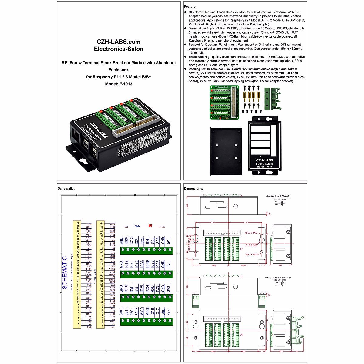CZH-LABS RPi Screw Terminal Block Breakout Module with Aluminum Enclosure. for Raspberry Pi 1 2 3 Model B/B+