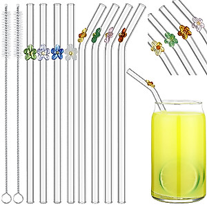 Colorful Flower Shatter Resistant Bend Glass Drinking Straws Smoothie Straws for Milkshakes 7.8 x 3 Inch Glass Straws with Cleaning Brush Clear Reusable Straws Long Glass Straws for Drink (8)