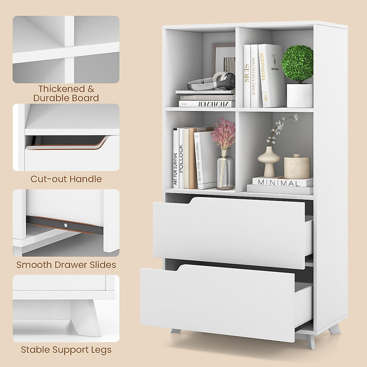 Giantex 51" Tall Bookcase with 2 Drawers, 4-Tier Open Bookshelf with 4 Storage Cubes, Modern Display Shelf with Anti-Toppling Devices, Freestanding Wooden Storage Shelf for Home Office, White