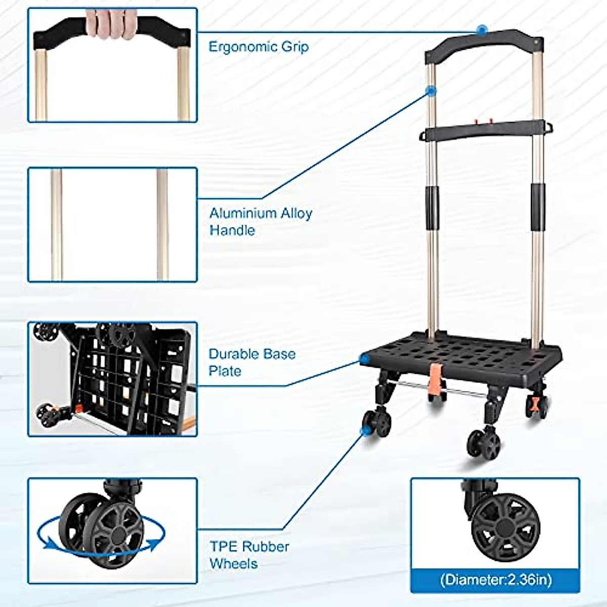 Folding Hand Truck Portable Dolly Utility Cart Rolling Crate with 4 Rotate Wheels 80KG/176Lbs Heavy Duty Handcart Removable Bag Telescoping Handle for Moving Shopping Grocery Office Use(Black&White)