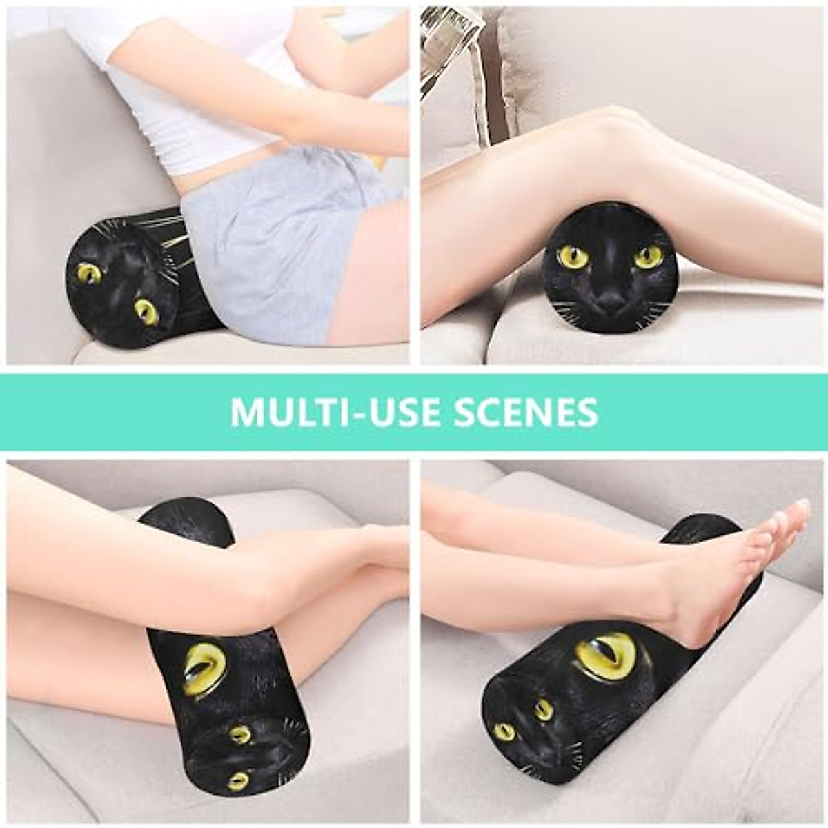 xigua Black Cat Neck Roll Pillow for Neck Relief with Removable Washable Cover - Memory Foam Round Cylinder Bolster, Ergonomically Designed for Head, Neck, Back, and Legs