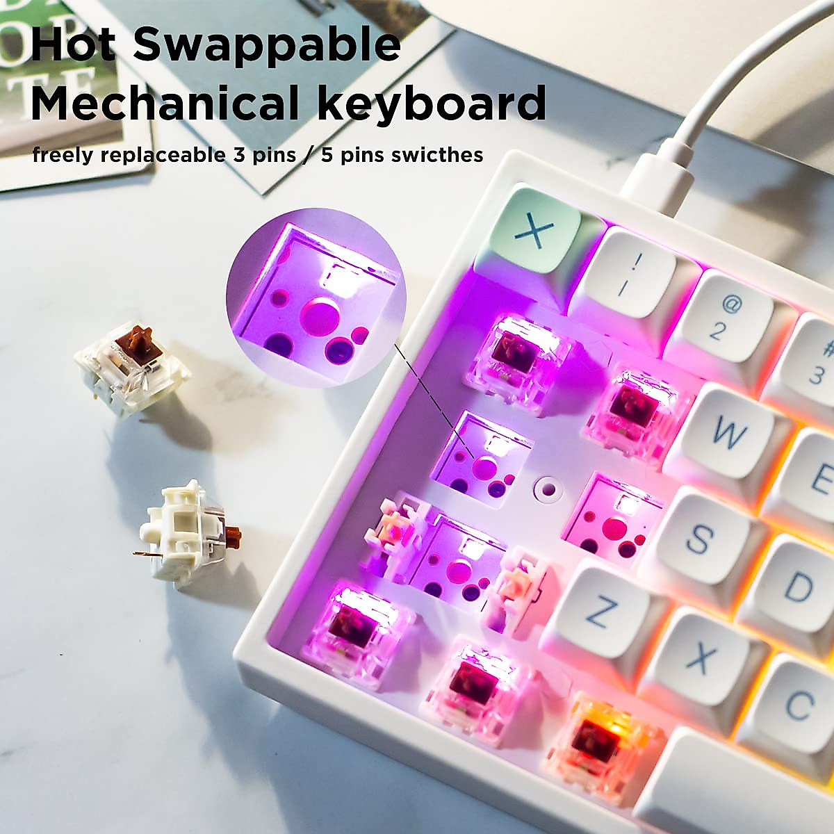 YUNZII KC68 Hot Swappable Mechanical Keyboard 68-Key Gaming Keyboard, RGB Backlit for Mac/Win/Gamers (Gateron Black Switch, Mint)
