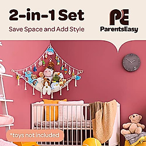 ParentsEasy Macrame Stuffed Animal Hammock & Net – Cotton Toy & Pet Hanging Plushie Storage with Screw-In & Adhesive Hooks – Stuffed Animal Hammock, Plastic Chain, & Clips – Toy Net Plush Storage