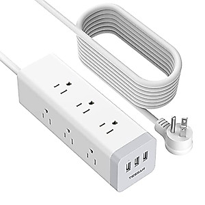 TESSAN Flat Plug Long Extension Cord 15 Ft, Surge Protector Power Strip with 9 Outlets 3 USB Ports, Desktop Multi Outlets Charging Station, Wall Mount for Home, Office, Dorm Room Essentials, Grey