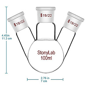 stonylab Glass 100 mL Heavy Wall 3 Neck Round Bottom Flask RBF, with 19/22 Center and Side Standard Taper Outer Joint, 100 mL