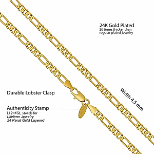 LIFETIME JEWELRY 4.5mm & 6mm Swiss Diamond Cut Figaro Chain Necklaces 24k Real Gold Plated (18 inches, 4.5mm)