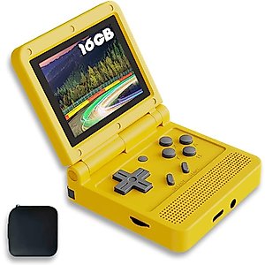 V90 Retro Clamshell Game Console 3 Inch IPS Screen Open System Handheld Game Console Built-in Rechargeable Battery Portable Style Handheld Gaming Video Console System with Case (Yellow, 64G)