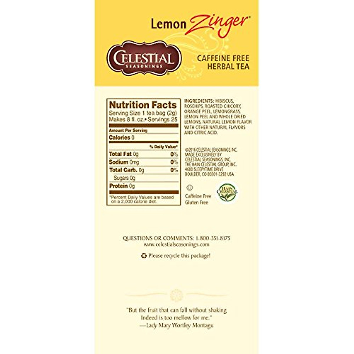 Celestial Seasonings Herbal Tea, Lemon Zinger, 25 Count Box