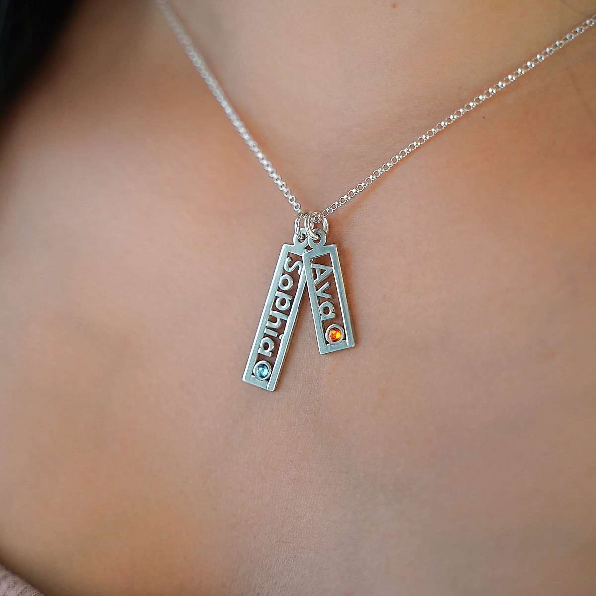 AJ's Collection Personalized Rectangle Double Open Name Sterling Silver Necklace With Birthstone Setting. Customize a Name Charm. Sterling Silver Cable Chain. Gift For Her and All Occasions