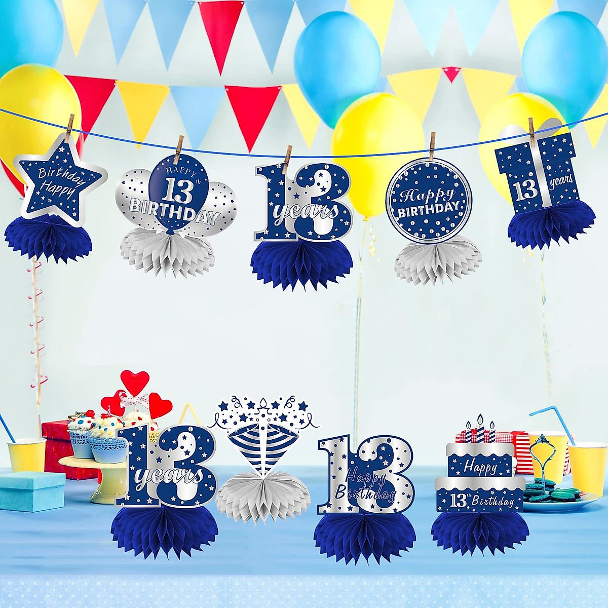 Kauayurk 8Pcs 13th Birthday Decorations Table Centerpiece Party Supplies for Boy, Blue Silver Happy 13 Year Old Birthday Honeycomb Centerpieces Decor, Thirteen Birthday Table Topper