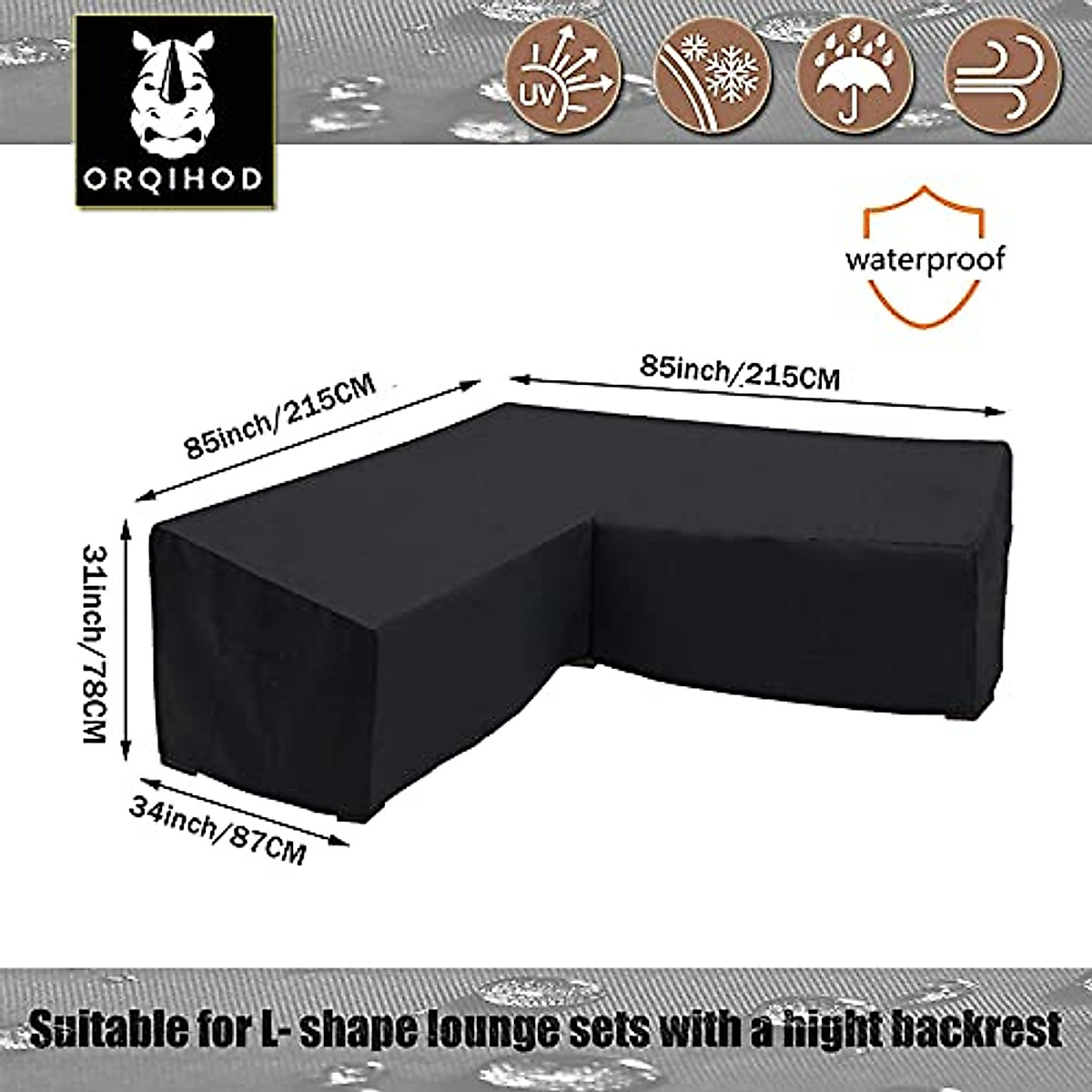 Orqihod V-Shaped Patio Furniture Cover Waterproof 600D Heavy Duty Outdoor Sectional Sofa Covers with Storage Bag 85x85inch Black Protective Cover for Corner Sofa Windproof